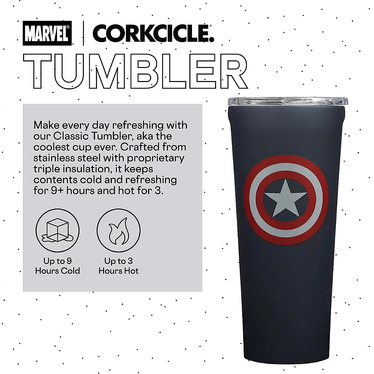 Corkcicle Marvel 24 Ounce Triple Insulated Stainless Steel Travel Cup Tumbler with Lid and Silicone Bottom for Hot and Cold Drinks, Captain America