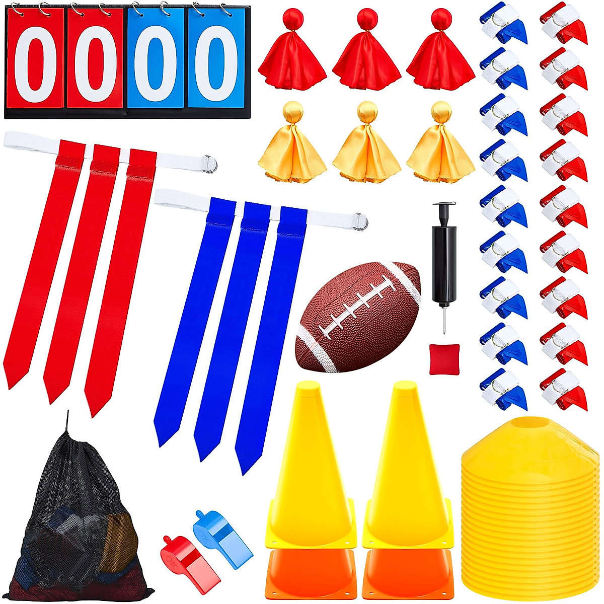 Liliful 20 Player Football Penalty Flags Set, Includes 1 Rugby 20 Adjustable Flag Belts 2 Whistles and Carrying Bag for Adult(Red and Blue)