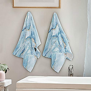 Qilmy White Blue Marble Hand Towel Set of 2, Super Soft Absorbent Fade Resistant Polyester Cotton Bath Towels Fingertip Towels for Bathroom Hotel Spa Gym and Beach 28.3x14.4 Inches