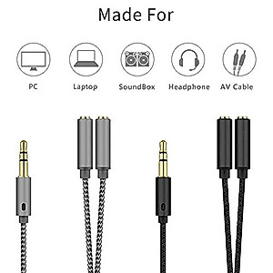 Fullbond 3.5mm 1 Male to 2 Female Ports Headphone Microphone Audio Stereo Cable Adapter Splitter Earphones Port to Speaker Adapter for Computer Silver Gray