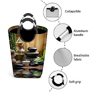 IBILIU Laundry Basket 50L Zen Basalt Stones And Spa Oil On The Wood Collapsible Laundry Hamper With Handle,Canvas Dirty Clothes Hamper For Laundry,Bathroom,Bedroom
