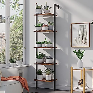 YMYNY 5 Tiers Ladder Bookcase, Industrial Wall Mounted Bookshelf, Open Display Rack with Metal Frame, Wooden Storage Shelves for Bedroom, Home Office, Plant Stand, Rustic Brown, 70*17.3*11.8"UHBC015H
