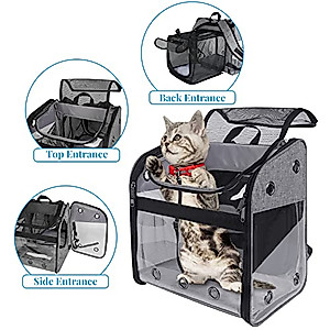 Expandable Cat Backpack Carrier, Breathable Mesh Pet Carrier Backpack for Cats, Dogs, Rabbits, Small Pets, Clear Foldable Cat Pack Backpack with Waist Pad for Walking, Travel, Hiking, Camping, Outdoor