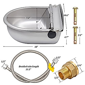 KHEARPSL Automatic Waterer Bowl with Brass Float Valve and Drain Hole, Stainless Steel Dog Livestock Water Bowl with Hose, Connector and Screws