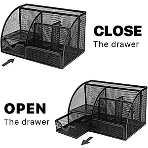 GCOCL Desk Organizer with 7 Compartments, Metal Desktop Organizers Storage with Removable Drawer and Dividers, Black
