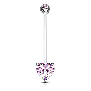 Pierced Owl Double Jeweled Prong Set Heart Crystal Pregnancy Maternity Belly Button Ring Retainer (Pink)