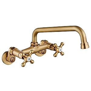gotonovo Wall Mount Faucet 6 Inch Center Antique Brass Kitchen Sink Taps 2 Cross Knobs Handle Victorian Commercial with 9inch spout