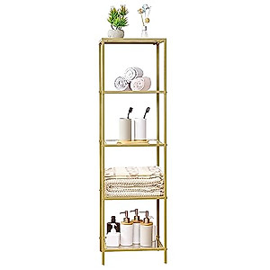 Homhedy 5-Tier Bookshelf,Metal Bookcase,Tempered Glass Shelves,Storage Rack Shelf for Home Office ,Living Room,Bedroom, Bathroom,Modern Style,Golden