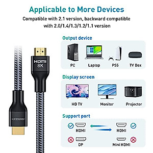 ARISKEEN 8K HDMI 2.1 Cable 10 ft, 48Gbps Ultra High Speed HDMI Braided Cord, Supports 8K@60HZ, 4K@120Hz, DTS:X, HDCP 2.2 & 2.3, eARC, HDR 10, Compatible with TV Xbox PS4 PS5 Monitor Blu-Ray - 10FT