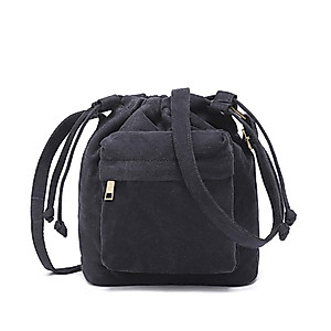 Women Small Canvas Purse Crossbody Bag Ladies Cute Little Drawstring Bucket Boho Purses, Black