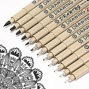 Toptime Micron Fineliner Pens, 12 Pack Micro Pen Set Black, Technical Drawing Pens for Artist No Bleed Calligraphy Pens, Archival Ink Brush Pen Art Pens for Journaling, Illustration, Sketching, Anime