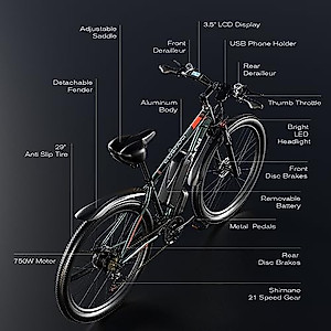 Electric Bikes for Adults, 27.5''/29'' Class 3 Ebike with 750w 48v Brushless Motor and 15Ah/16Ah Battery, 7/21-Speed Gear, 32mph Throttle, 35 Mileage, Pedal Assisted Electric Moped for Commuter