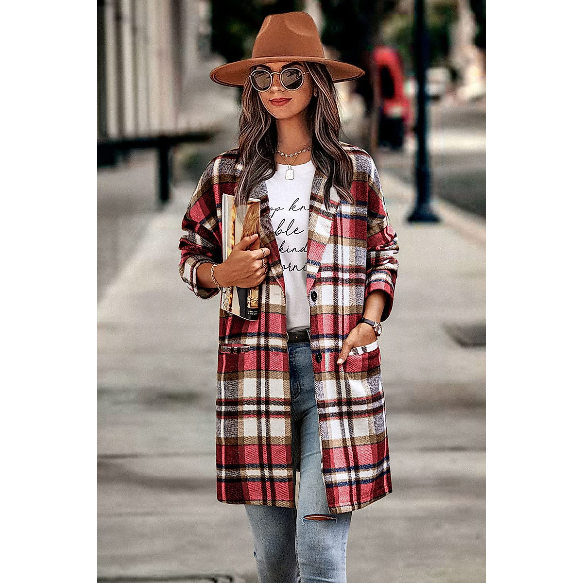 PRETTYGARDEN Women's Plaid Shacket Jacket Trendy Casual Button Wool Blend Winter Tartan Trench Coat with Pockets (Red,Large)