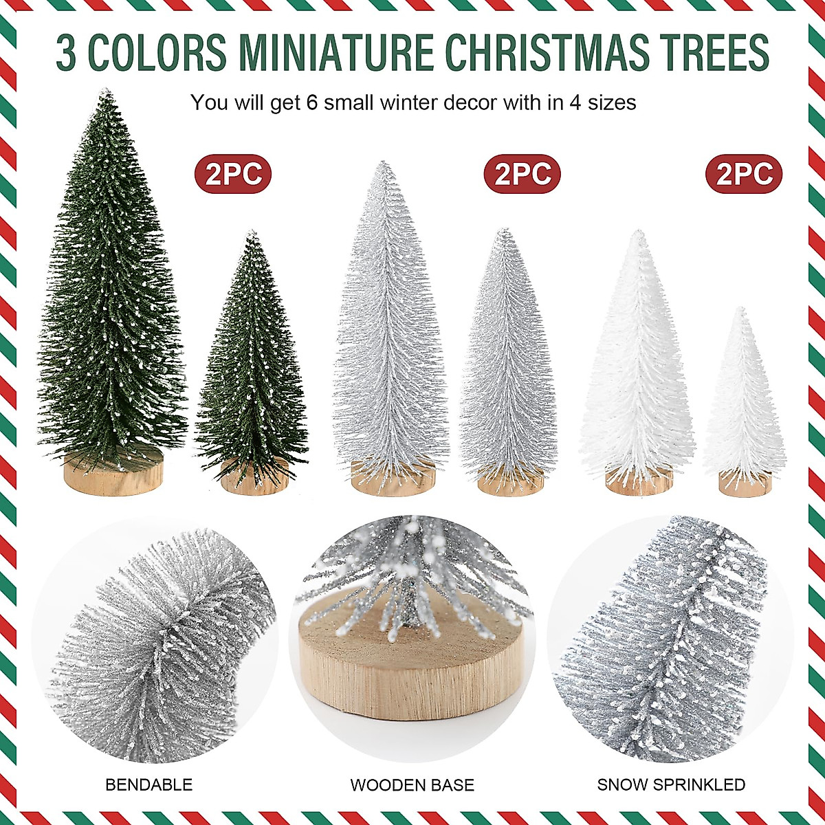 Hatisan Mini Christmas Trees with Wooden Base, Bottle Brush Artificial Trees for Tabletop Decor (Green, Silver, White)