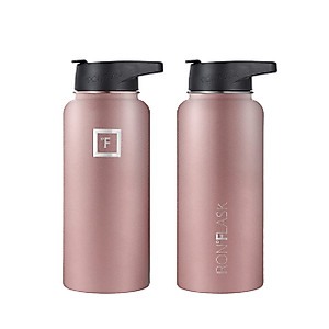 IRON °FLASK Camping & Hiking Hydration Flask, Wide Mouth, 3 Straw Lids, Stainless Steel Outdoor Water Bottle, Double Walled, Insulated Thermos, Metal Canteen - Rose Gold, 32 Oz