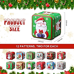 Lallisa 24 Pcs Christmas Cookie Tins with Lids 12 Styles Square Xmas Candy Tin Set Small Metal Candy Box Mini Tinplate Cookie Candy Boxes for Gift Giving Holiday Party Favors, 2.95 x 2.95 x 2.56 Inch