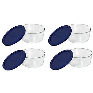 Pyrex Storage 4 Cup Round Dish, Clear with Blue Lid, Pack of 4 Containers