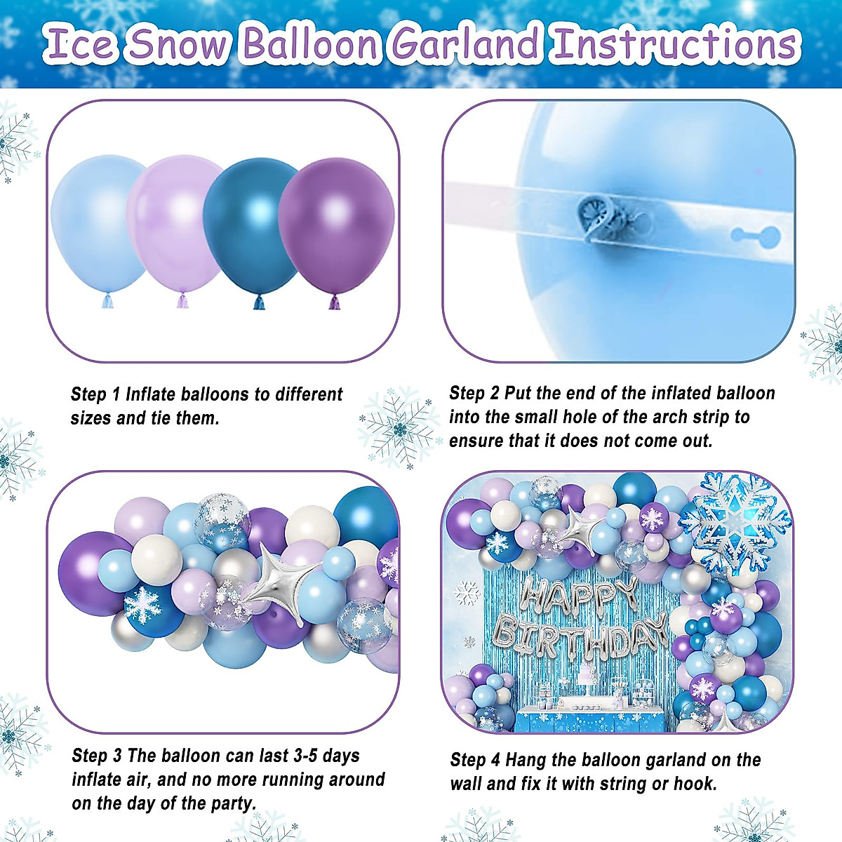 116Pcs Froozen Balloon Garland Arch Kit, Snowflake Blue Purple Confetti Balloons Fringe Curtain for Winter Wonderland Christmas Baby Shower Snow Princess Froozen Birthday Party Supplies Decorations