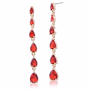 Red CZ Linear Earrings for Women Sterling Silver Teardrop Cubic Zirconia Crystal Rhinestone Bridal Dangle Drop Post Earrings for Wedding Prom Party