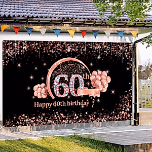 Lnlofen 60th Birthday Banner Decorations Backdrop for Women, Extra Large 60 Year Old Birthday Party Decor Supplies, Rose Gold Happy Sixty Birthday Sign Poster Photo Booth Props
