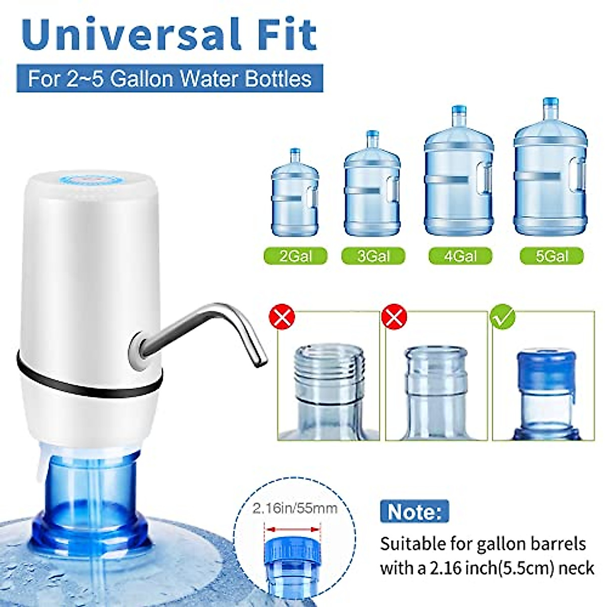 Water Dispenser for 5 Gallon Bottle, Electric Drinking Water Pump Portable Automatic Water Pump for Camping, Kitchen, Home, Office, Car, Fits for Indoor and Outdoor