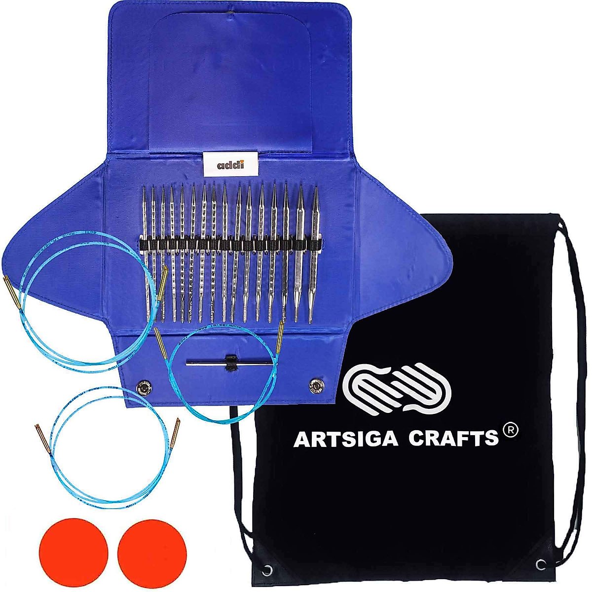 addi Click Rocket 2 Square Standard 5-Inch Interchangeable Ergonomic Circular Knitting Needle Set Sizes US 4, 5, 6, 7, 8, 9, 10 & 11 with 3 Cords, Canvas Case with Project Bag