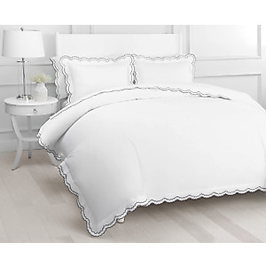 Double Scalloped Percale Weave Embroidered Full and Queen Size White Duvet Set 300 Thread Count 100% Cotton - Cool Crisp - Luxury Hotel Bedsheet - Oeko Tex Certified Deep Pocket - Gray Piping on Edges