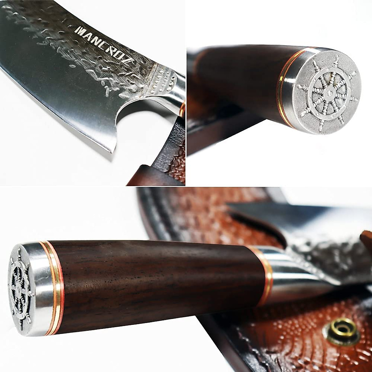 MANCROZ 8 Inch Butcher Boning Knife With Leather Sheath Stainless Steel Meat Cleaver Knife Hand Forged Chef Knives For Kitchen Outdoor BBQ Camping…