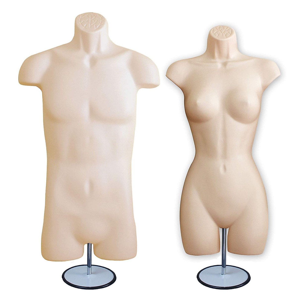 DisplayTown Flesh Male + Flesh Female Dress Form Mannequin Hip Long Hollow Back Body Torso Set w/Metal Stand with Metal Pole & Hanging Hook, S-M Sizes