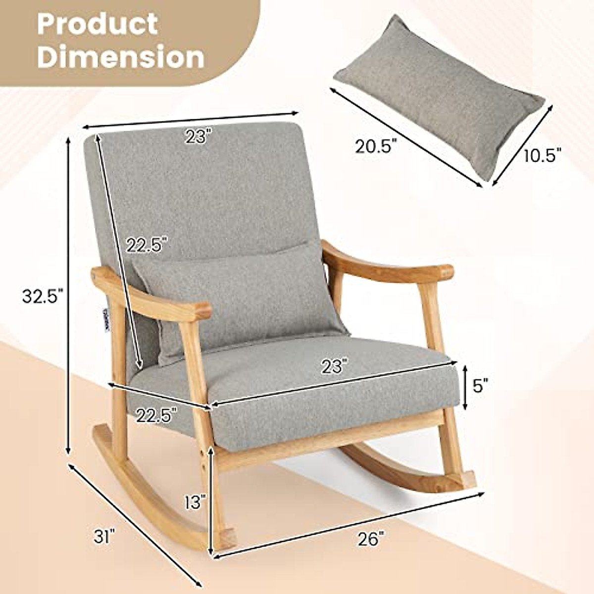 Giantex Upholstered Rocking Chair - Modern Rocker with Rubber Wood Frame, Comfy Backrest & Seat, PP Padded Pillow, Single Rocking Chair for Living Room, Nursery, Bedroom, Lounge, Office, Grey
