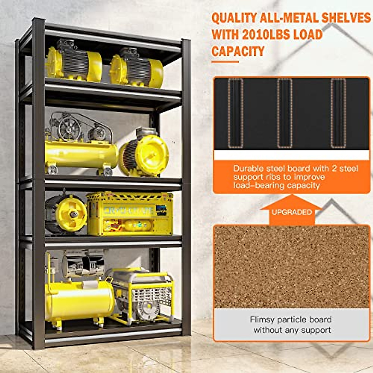 Raybee 72" Garage Shelving Heavy Duty, 2010LBS Garage Storage Shelves with 5 Tier Adjustable Metal Shelving Unit,Heavy Duty Shelving,Metal Storage Shelves for Basement,Easy Assembly,16.3"DX31.7"WX72"H