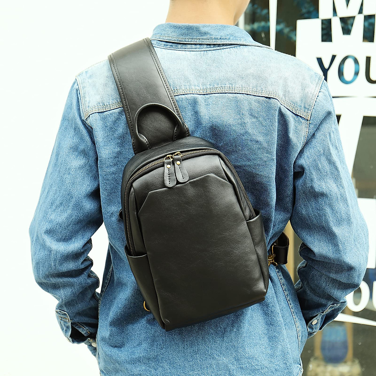 NIUCUNZH Soft Genuine Leather Crossbody Sling Bag Lightweight One Shoulder Small Backpack with Wide Comfortable Leather Strap Black