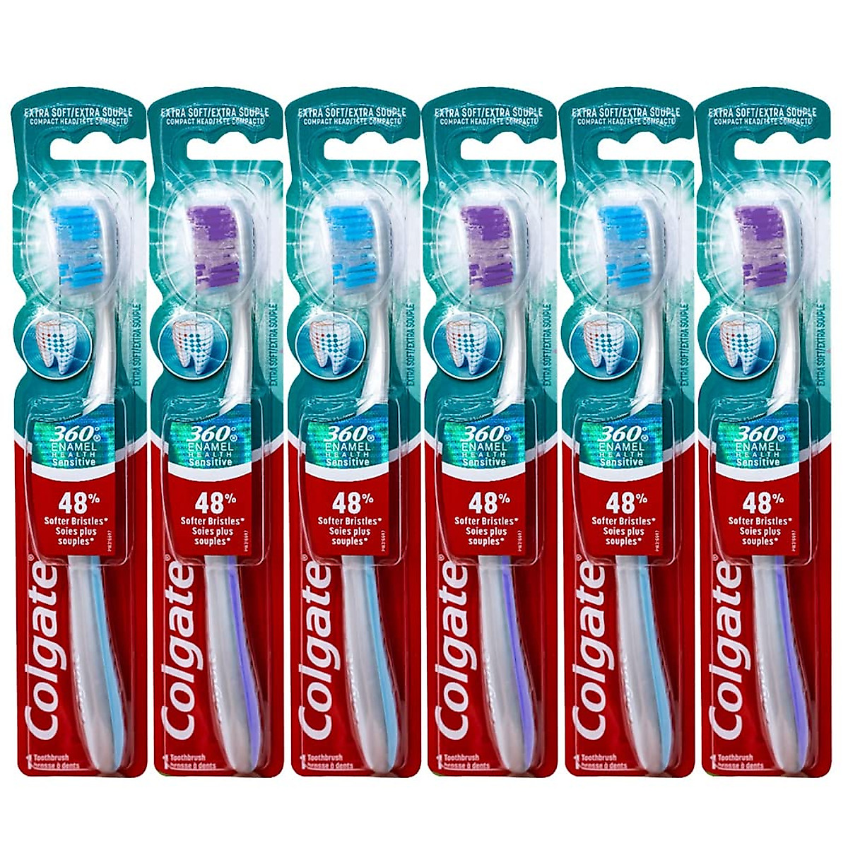Colgate 360 Enamel Health Sensitive Toothbrush, Compact Head, Extra Soft - Pack of 6