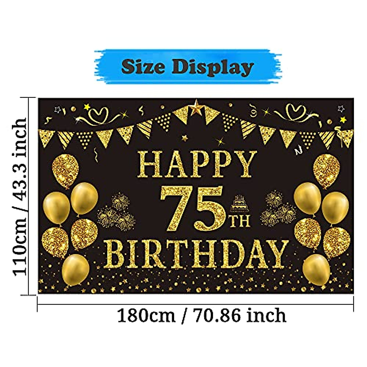 Trgowaul 75th Birthday Backdrop Gold and Black 5.9 X 3.6 Fts Happy Birthday Party Decorations Banner for Women Men Photography Supplies Background Happy Birthday Decoration