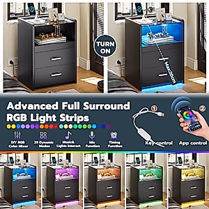 VIAGDO Nightstand with Charging Station and LED Lights, Black Night Stand with Glass Top and Storage Drawers, End Side Tables with Pull-Out Tray and USB Ports, Modern Bedside Tables for Bedroom