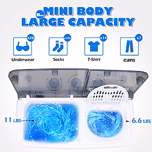 Homguava Portable Washer Machine 17.6LBS Capacity Mini Washing Machine 2 in 1 Compact Washer and Dryer Combo Twin Tub Laundry Washer(11LBS) & Spinner (6.6LBS) with Built-In Gravity Drain Pump(GREY)