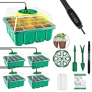 OBUXXIE Seed Starter Tray with Grow Light - 5Pcs Seed Starter Kit with Adjustable Brightness & Humidity for Indoor Seed Growing Germinating Propagation, 2 Meters Timing Controller (16x5 Cells)