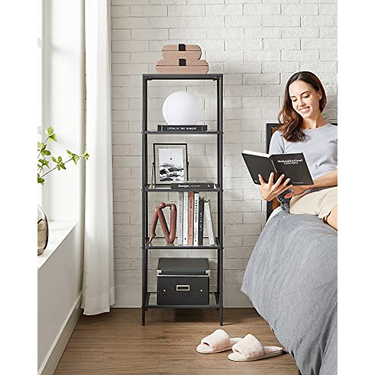 VASAGLE Bookcase, 5-Tier Bookshelf, Slim Shelving Unit for Bedroom, Bathroom, Home Office, Tempered Glass, Steel Frame, Black ULGT029B61