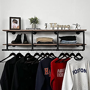 TEDIDUWA 60In Industrial Pipe Clothing Rack with Top Shelf, Space-Saving Wall Mounted Clothes Rack 2 Tiers Pipe Shelves, Shelf with Hanging Rod for Laundry Room, Closet Storage