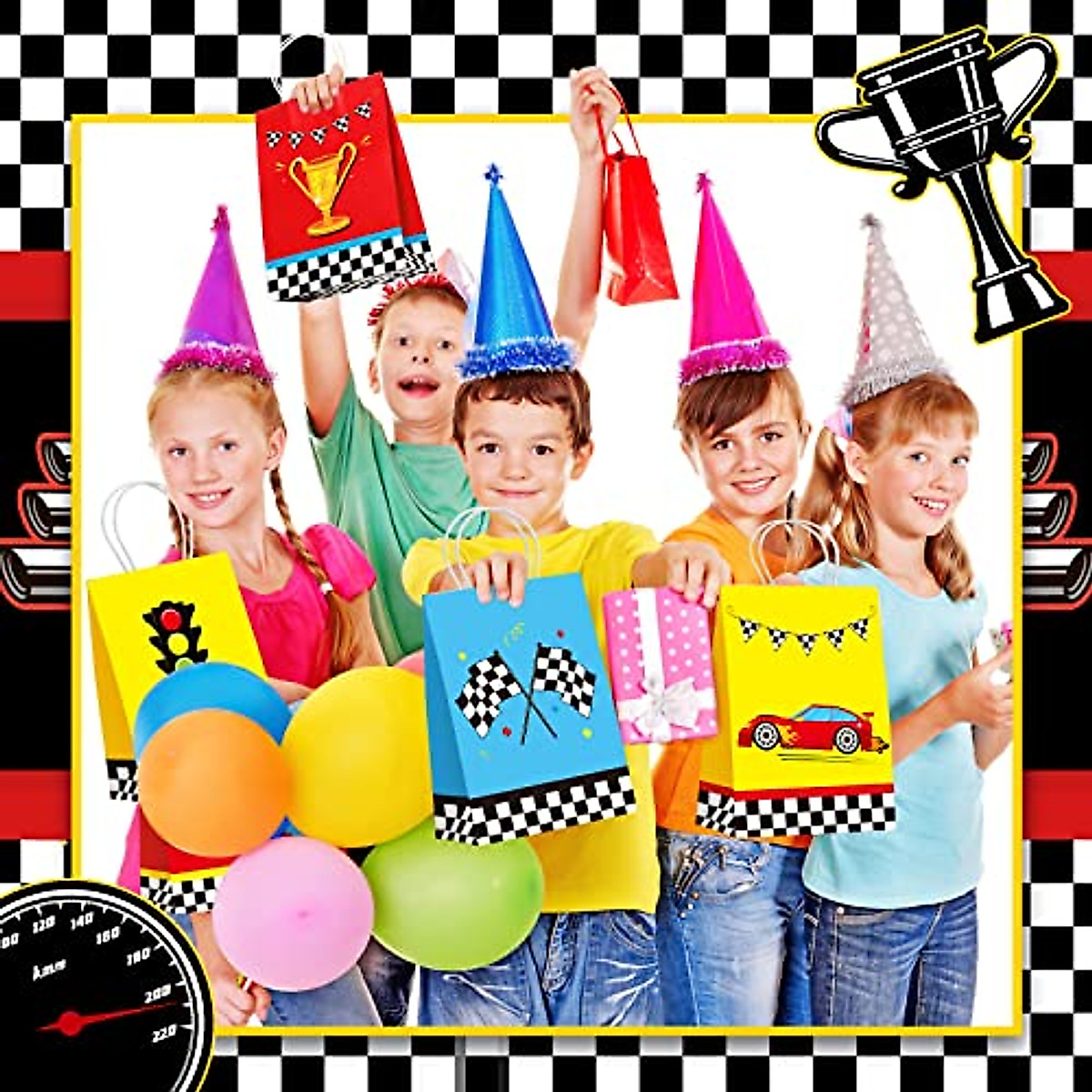 24 Pieces Race Car Party Bags Race Car Party Supplies Goodie Gift Bags Treat Bags with Handles for Checkered Flag Birthday Race Car Theme Party Decorations Boy Gifts
