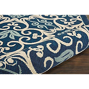 Nourison Caribbean Navy 7'10" x 10'6" Area-Rug, Geometric, Floral, Bed Room, Living Room, Dining Room, Kitchen, Easy-Cleaning, Non Shedding, (8' x 11')