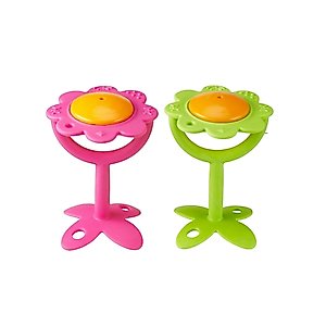 Innobaby Original Teethin' Smart EZ Grip Flower Teether Rattle and Sensory Toy for Babies and Toddlers (2 Pack Green/Pink). BPA Free Teether