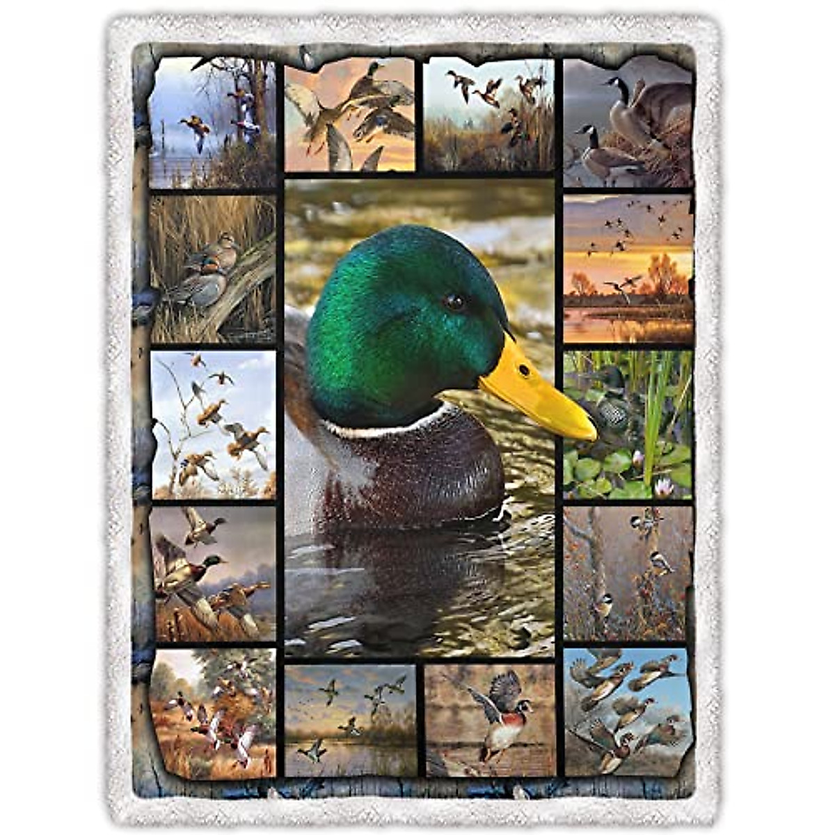 Duck Hunting Beautiful Mallard Blanket - Fleece Sherpa Blanket - Camo Hunting Blanket and Throw Full Size 60x80 for Sofa, Bed, Outdoor from Son Daughter to Mother Father Birthday Christmas