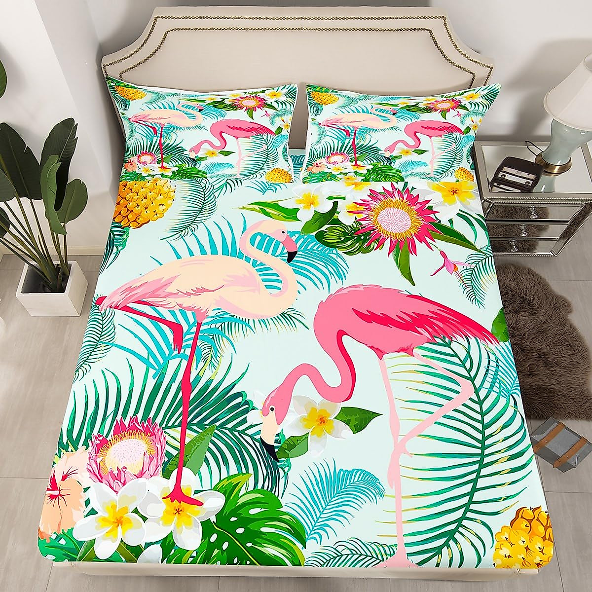 Tropical Flamingo Bedding Set Full Size, Pink Flamingo Fitted Sheet Palm Tree Print Bedding Set Botanical Bed Cover with 2 Pillow Case (No Flat Sheet)