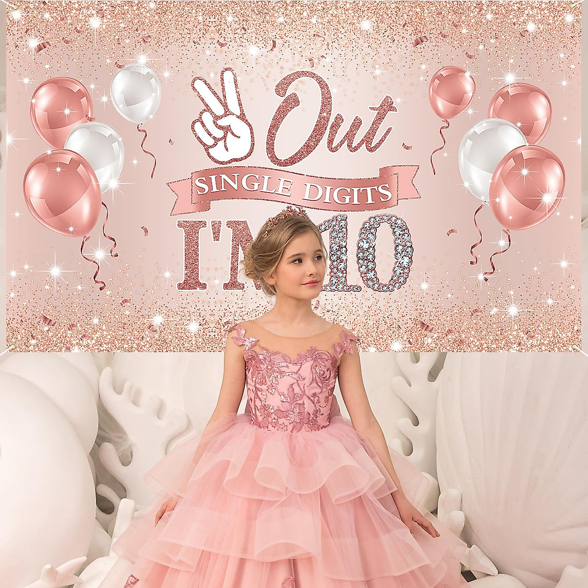 Holkcog Rose Gold Happy 10th Birthday Party Banner Backdrop for 10-Year-Old Girls Double Digits Birthday Girl "I'm 10" Bday Banner Rose Gold 10th Birthday Photo Background 10th Party Decorations supply