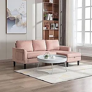 PEIHONGET Sleeper Sectional Sofa, 72.44" Velvet L-Shape 3 Seat with Pull Out Bed, Sectional Sofa Couch with Storage Chaise Living Room Bedroom Apartment(Pink)