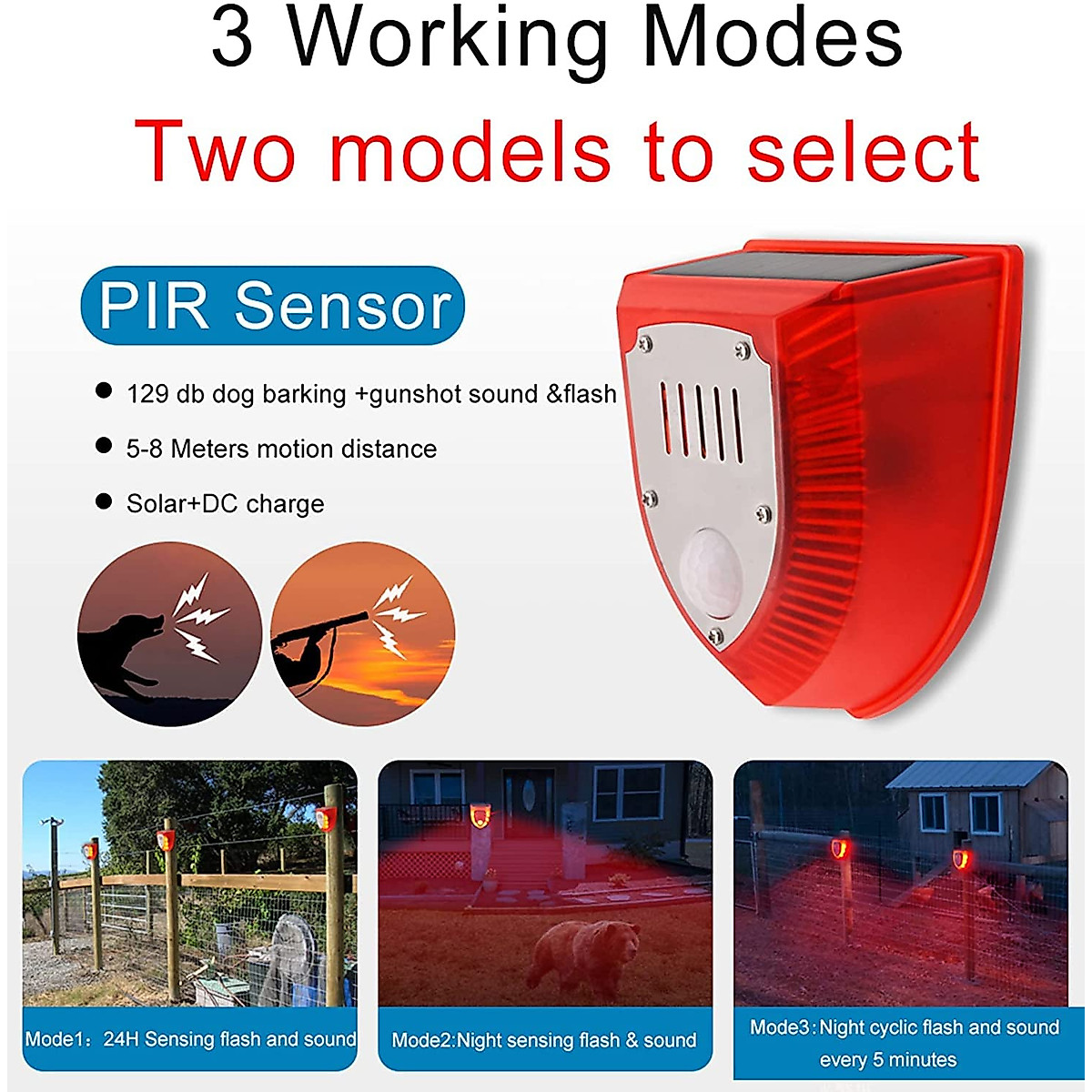 2Pack Solar Security Light Alarm,WONFAST Waterproof PIR 6LED Motion Sensor Flashing Light,129dB Gunshot Sounds & Dog Barking Sound Warning Strobe Night Lamp for Outdoor Farm Barn Villa Yard