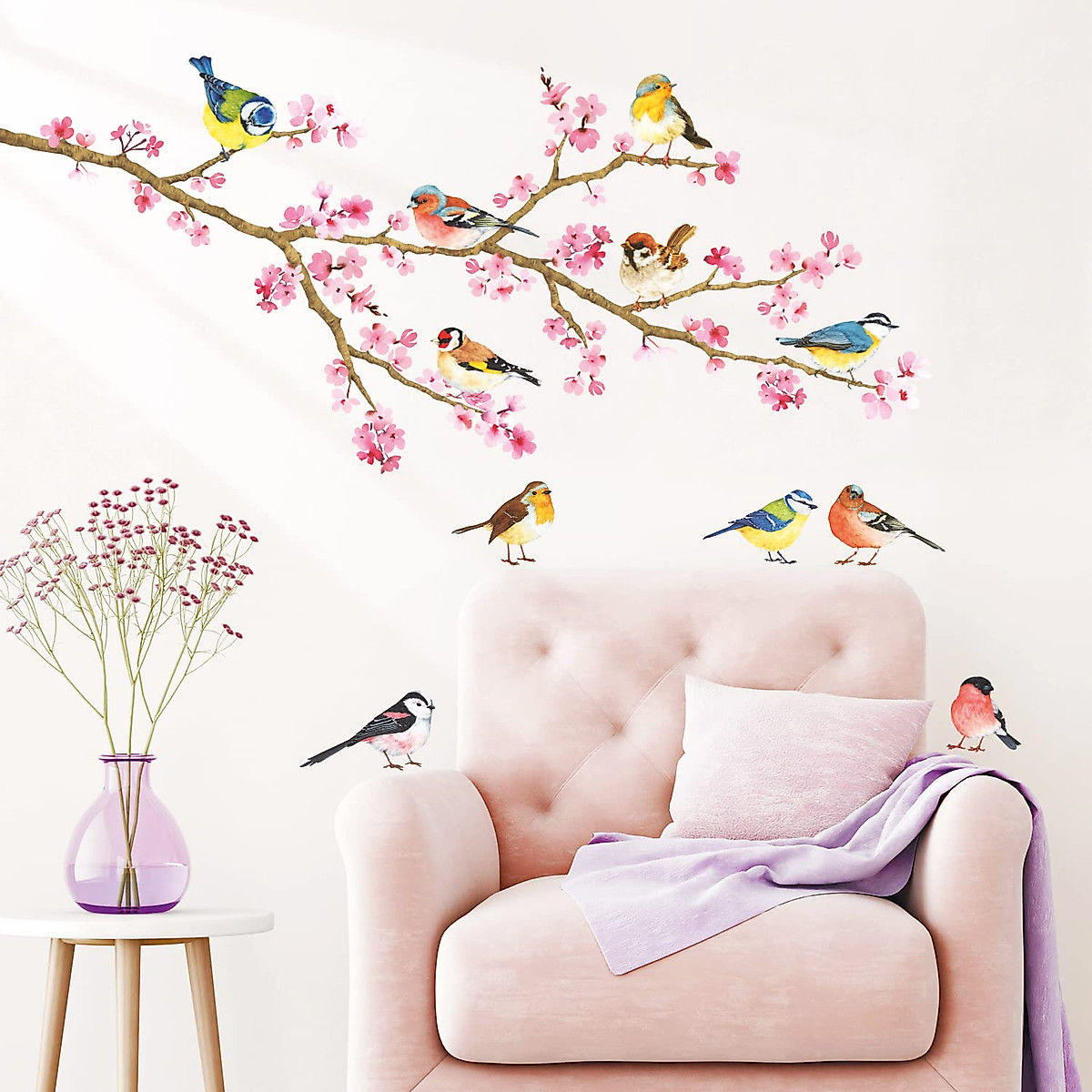 DECOWALL DS-8039 Cherry Blossom & Garden Birds Kids Wall Stickers Wall Decals Peel and Stick Removable Wall Stickers for Kids Nursery Bedroom Living Room (Small) d?cor