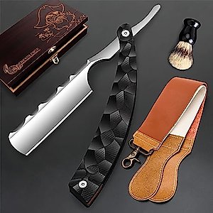 Professional Straight Blade Razor Kit with Strop - Straight Edge Barber Razor Premium Stainless Steel Sharp Shaver Razor for Men Home & Salon Grooming Using (Black)