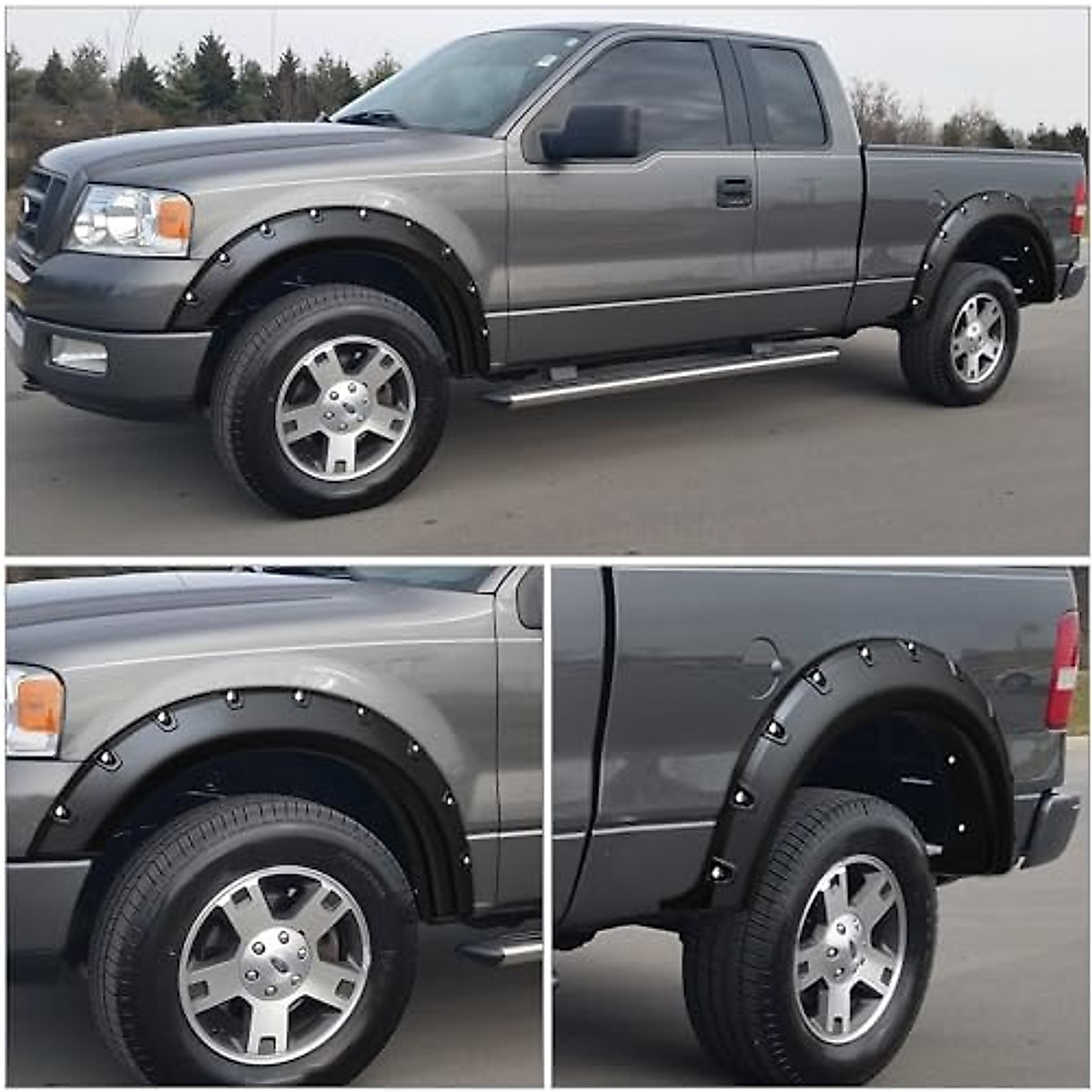 LEDKINGDOMUS Fender Flares Kit Compatible for 2004-2008 Ford F150 Styleside, 2006-2008 Lincoln Mark LT, Dura-Flex Material Smooth Black Finish Front Rear Wheels Pocket Rivet Style